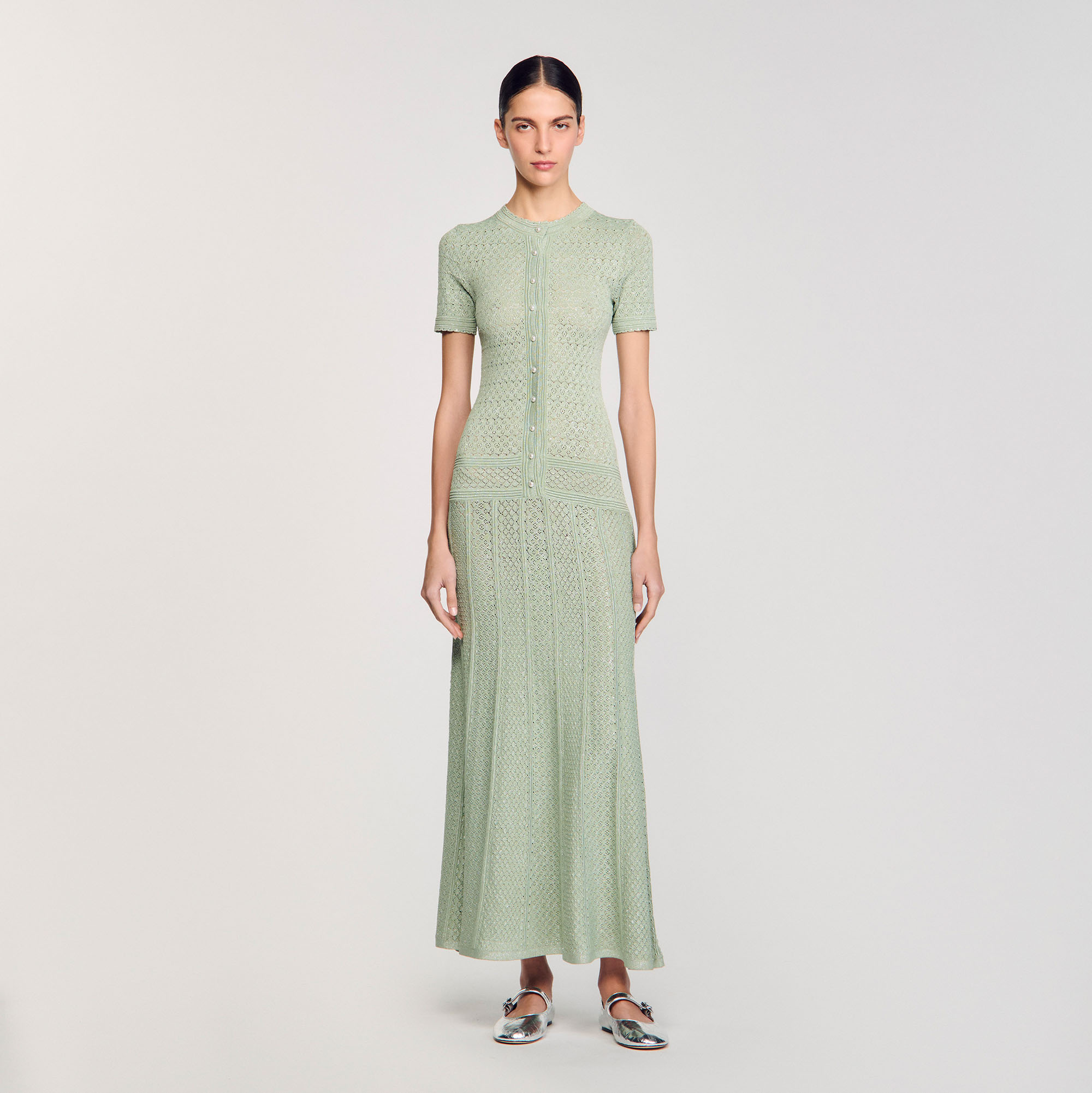 Lange jurk gebreid groen voor dames | Sandro Paris